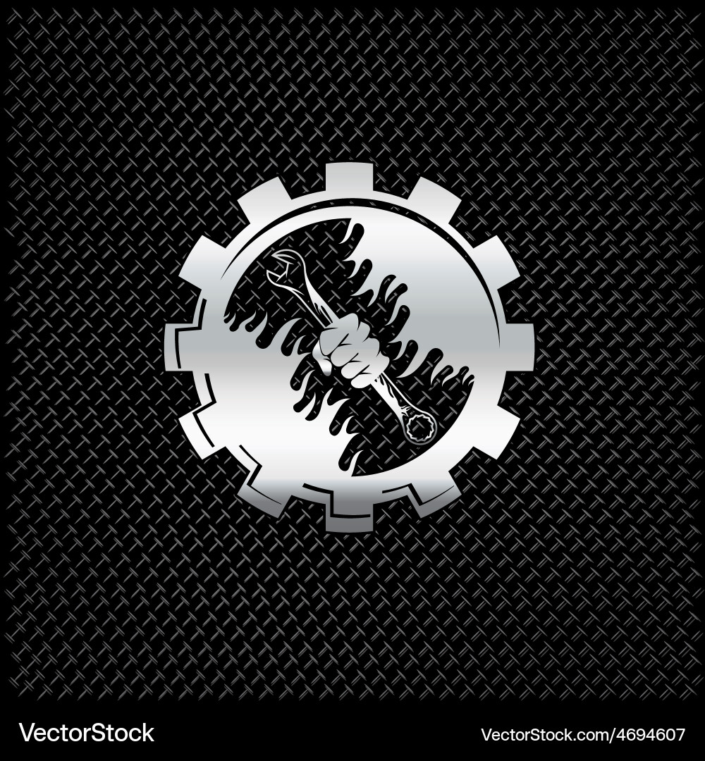 Silver hand holding wrench in gear Royalty Free Vector Image
