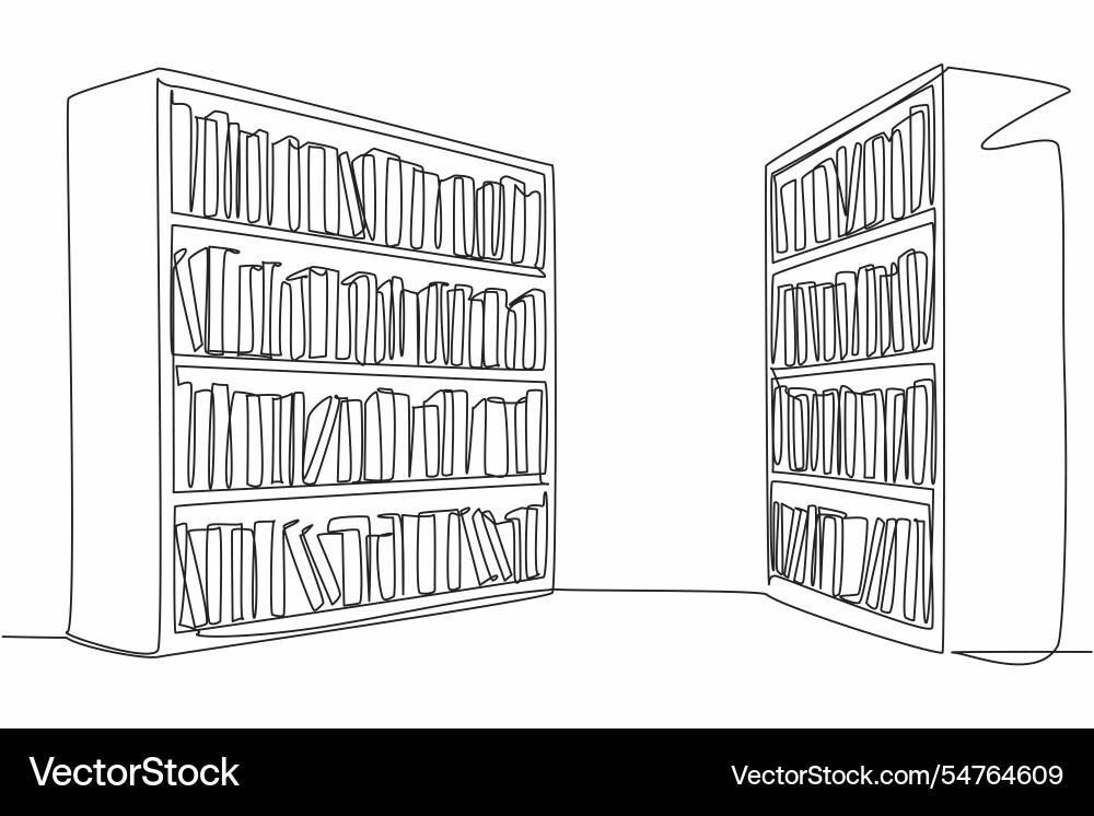 Single one line drawing two bookcases facing each Vector Image