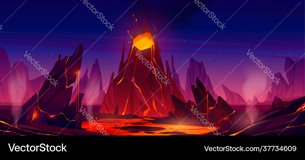 Volcano eruption with steaming magma flow down Vector Image