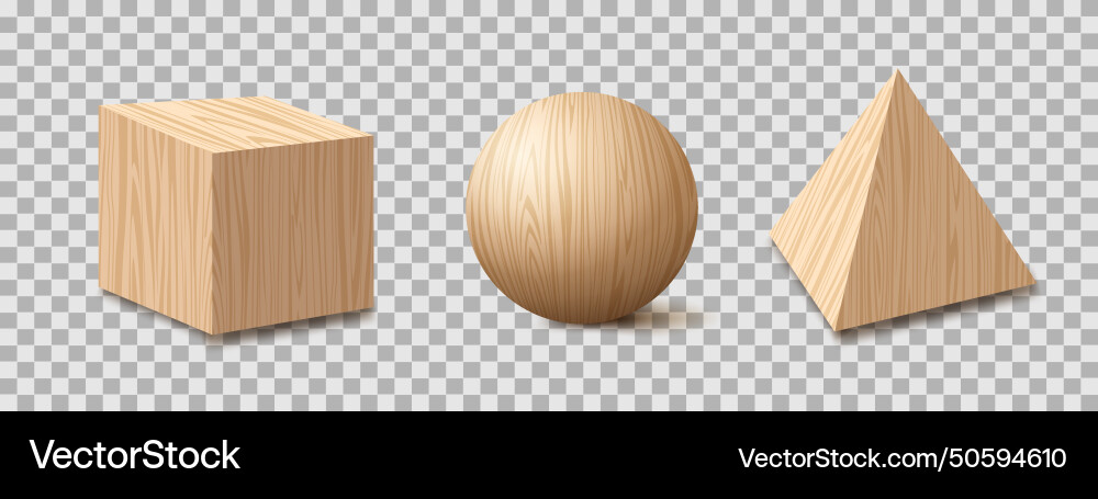 Realistic wooden textured cubeballpyramid Vector Image