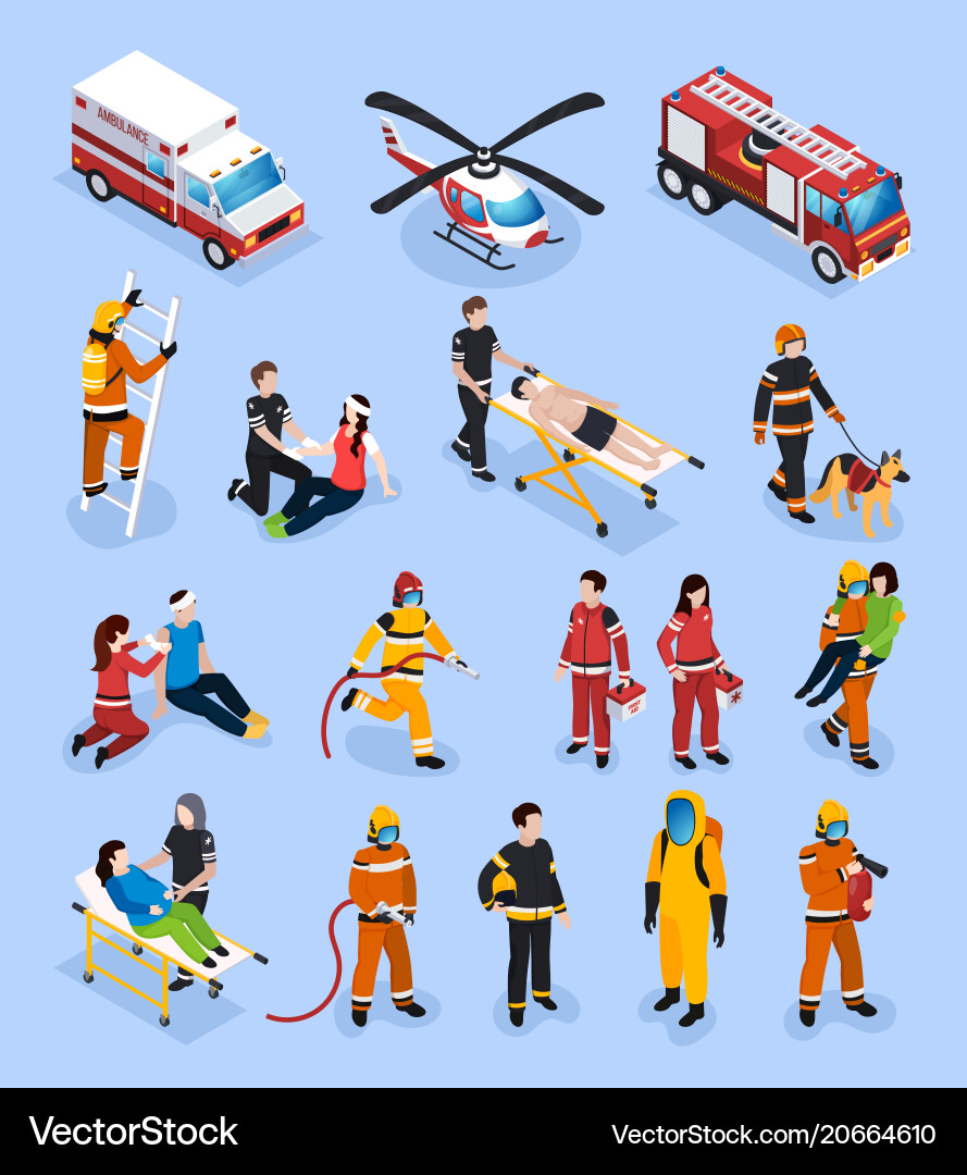 Rescue teams isometric set Royalty Free Vector Image