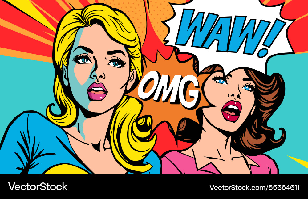 Pop art comic poster young excited beautiful Vector Image