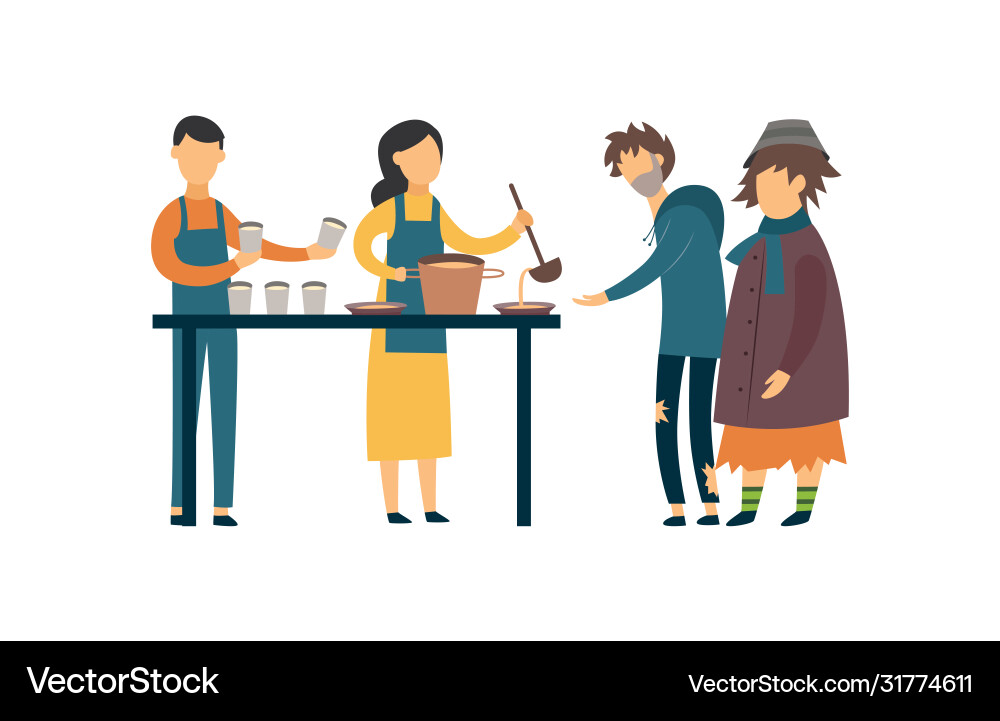 Volunteers feed poor beggar and homeless Vector Image