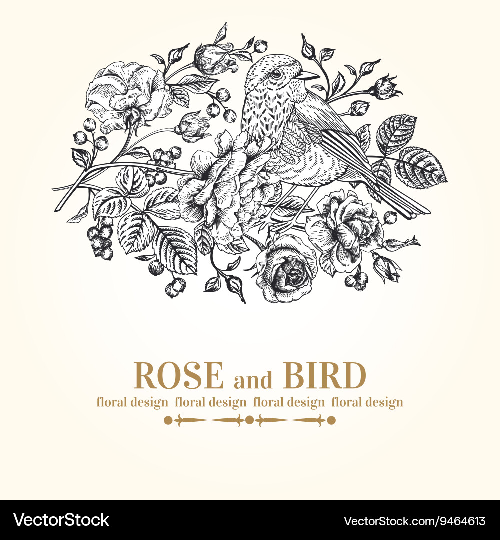 Romantic Bird & Rose Floral Wedding Card Vector Image