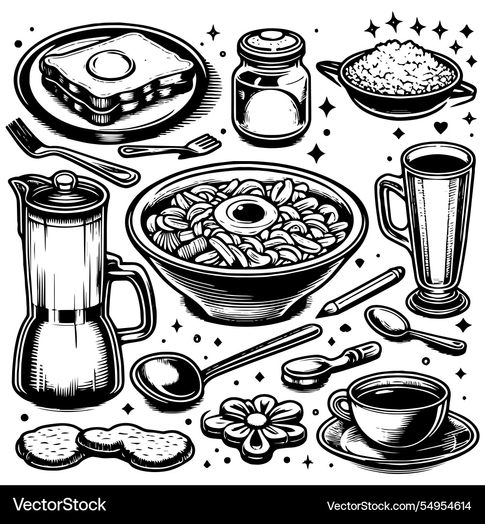 Breakfast and coffee engraving Royalty Free Vector Image