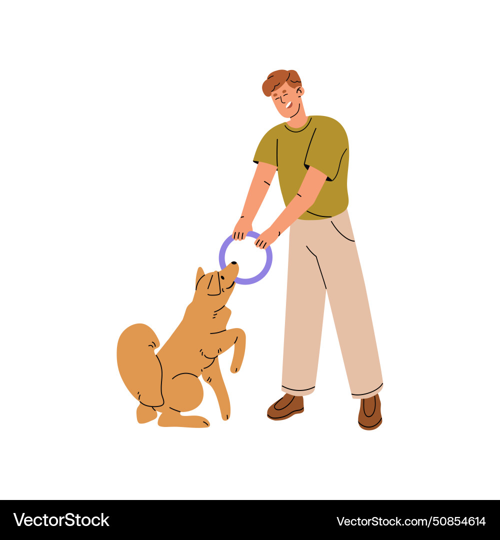 Owner fun pulls rubber chew toy with his puppy Vector Image