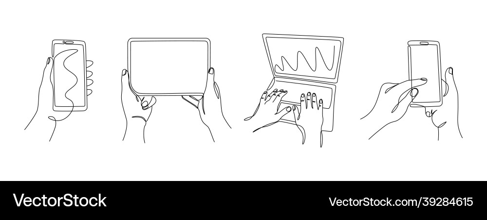 Continuous line hands with gadgets one Royalty Free Vector