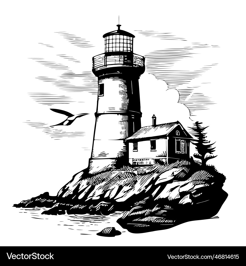 Lighthouse on the seacost sketch hand drawn Vector Image