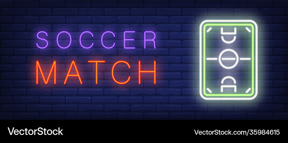 Soccer match neon text with field Royalty Free Vector Image