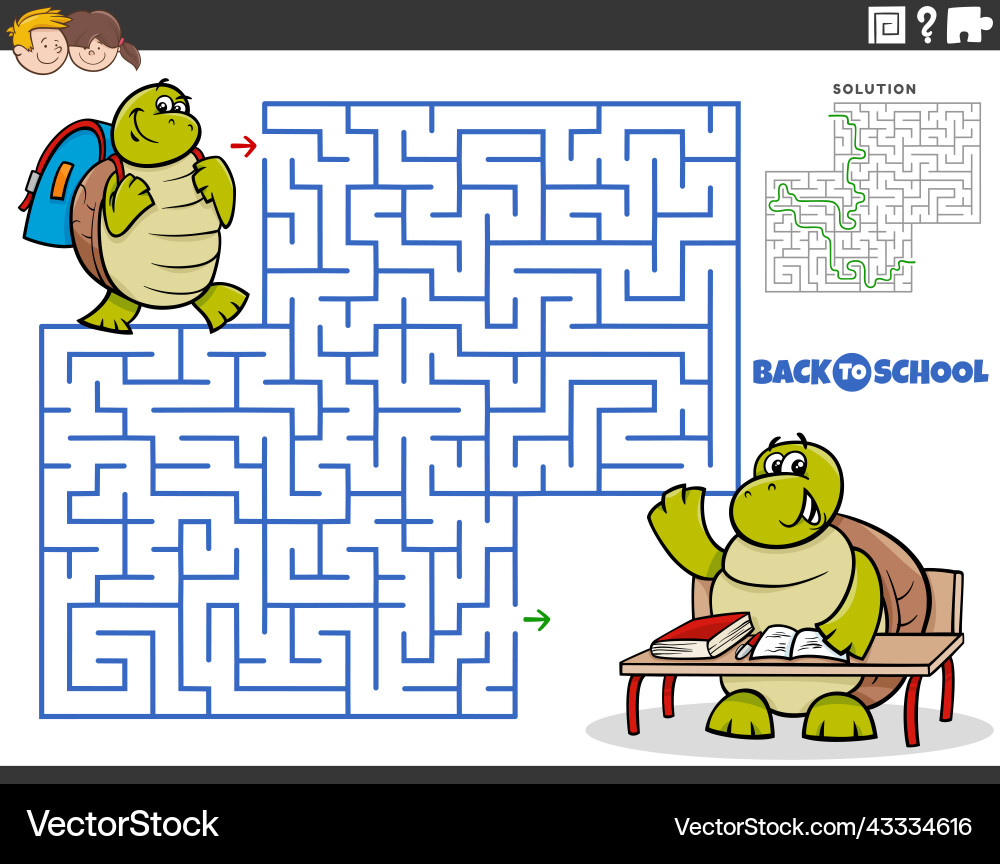 Maze game with cartoon turtle pupil going Vector Image