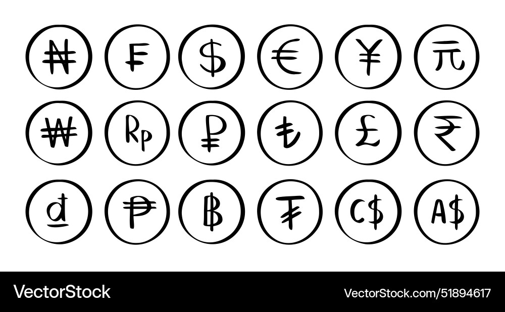 Hand drawn doodle set currency symbol currencies Vector Image