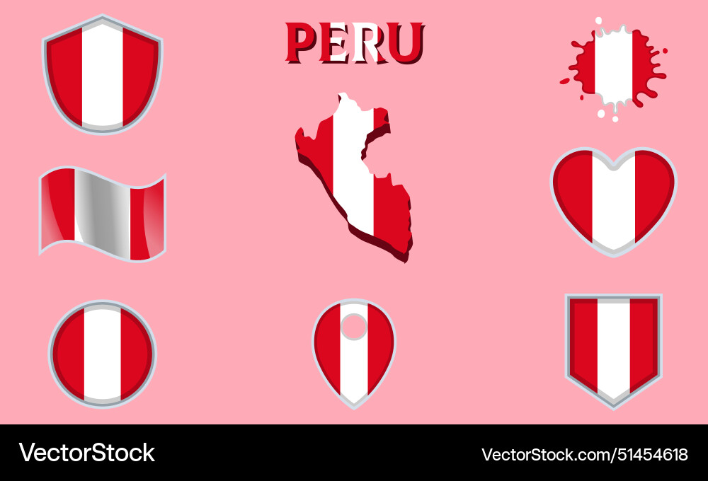 Collection of flat national flags peru with map Vector Image