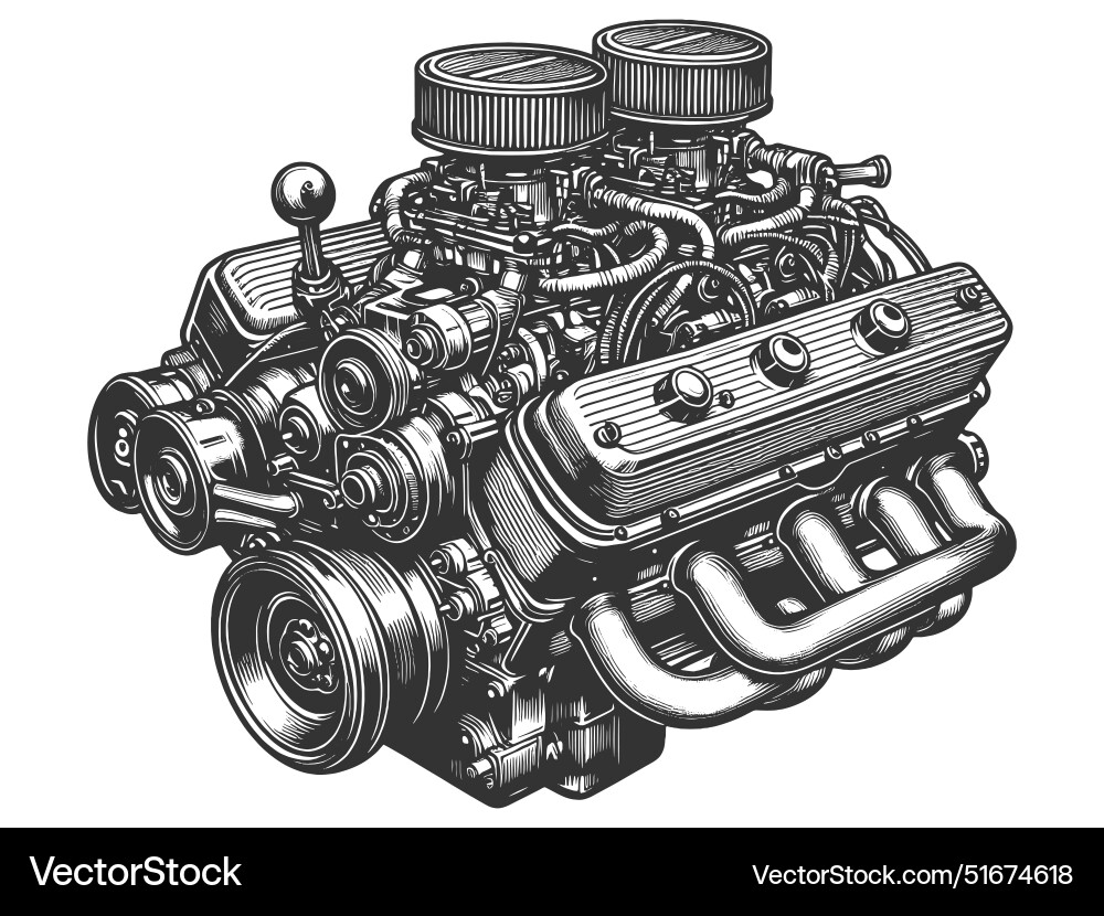 Detailed classic car engine engraving Royalty Free Vector