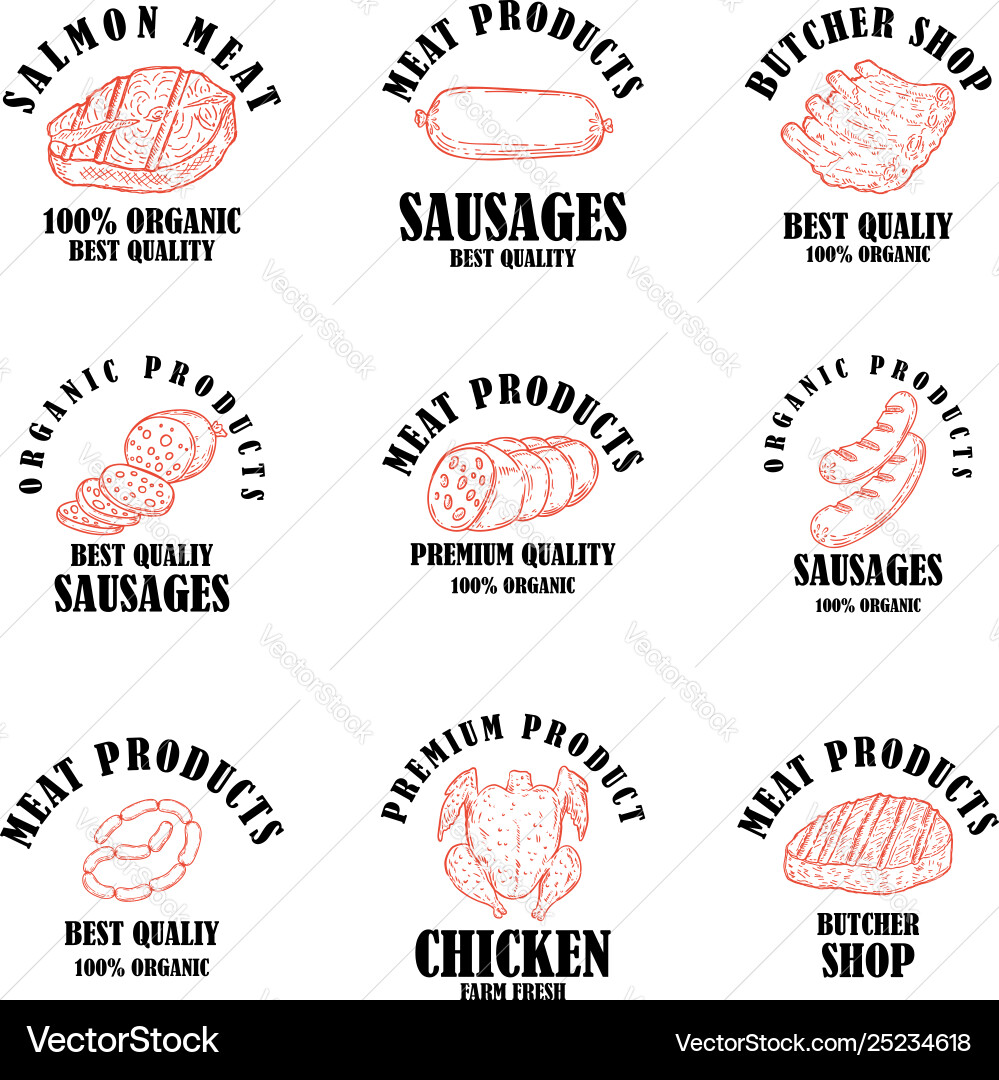 Set meat products labels design element Royalty Free Vector