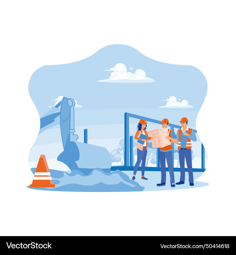 Three experts at the construction project site Vector Image