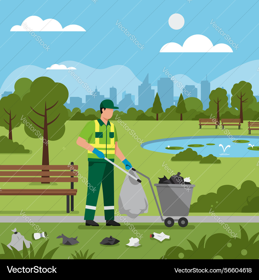 Worker picking up trash in park with downtown Vector Image