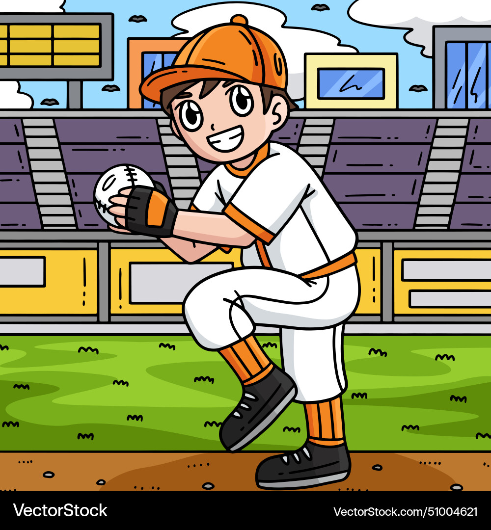Boy pitching baseball colored cartoon Royalty Free Vector