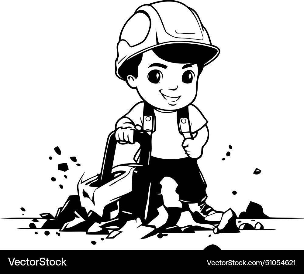 Cartoon boy with a chainsaw on construction site Vector Image