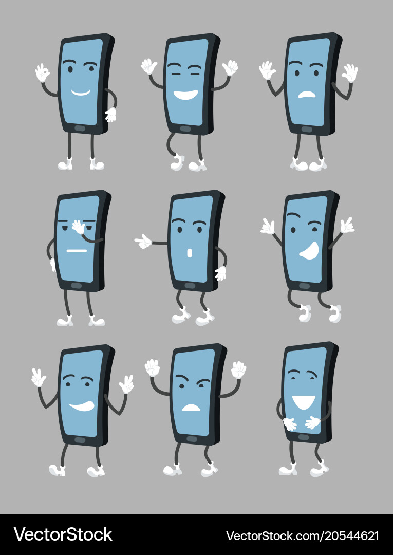 Cartoon smartphone in various poses with different