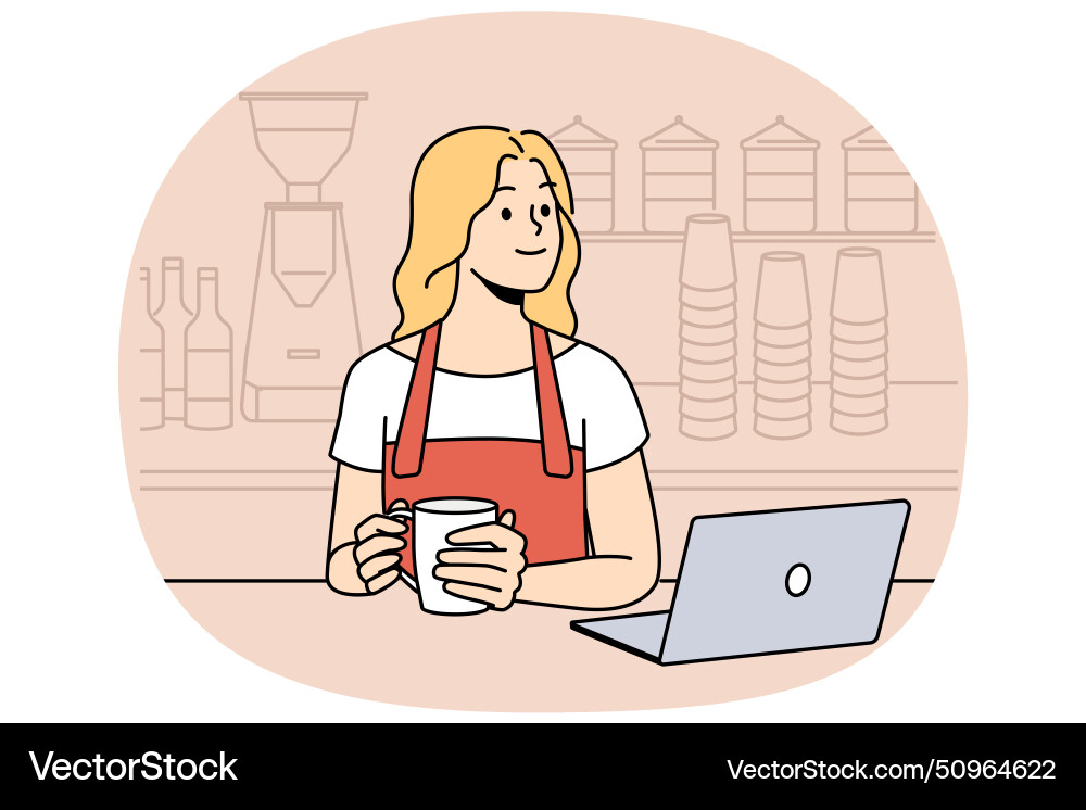 Smiling waitress drink coffee at counter Vector Image