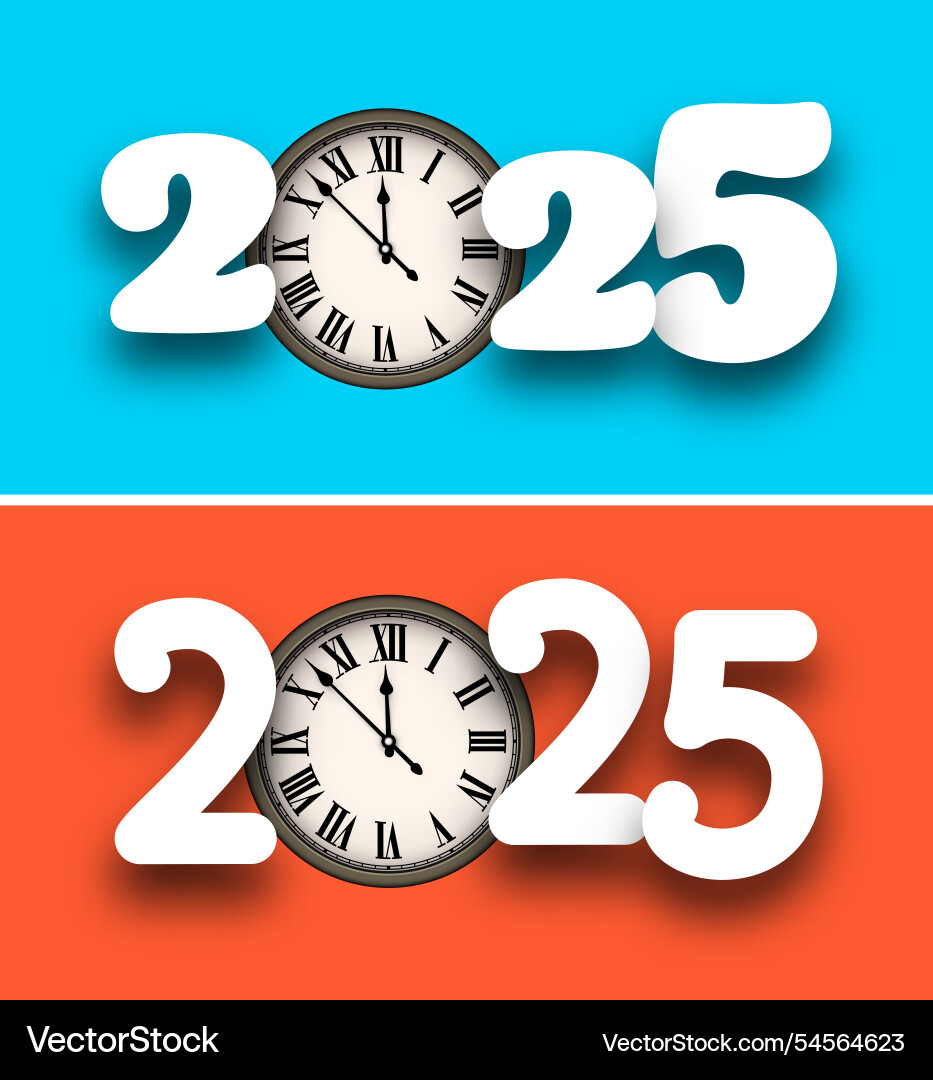 2025 with classic clock on colorful backgrounds Vector Image