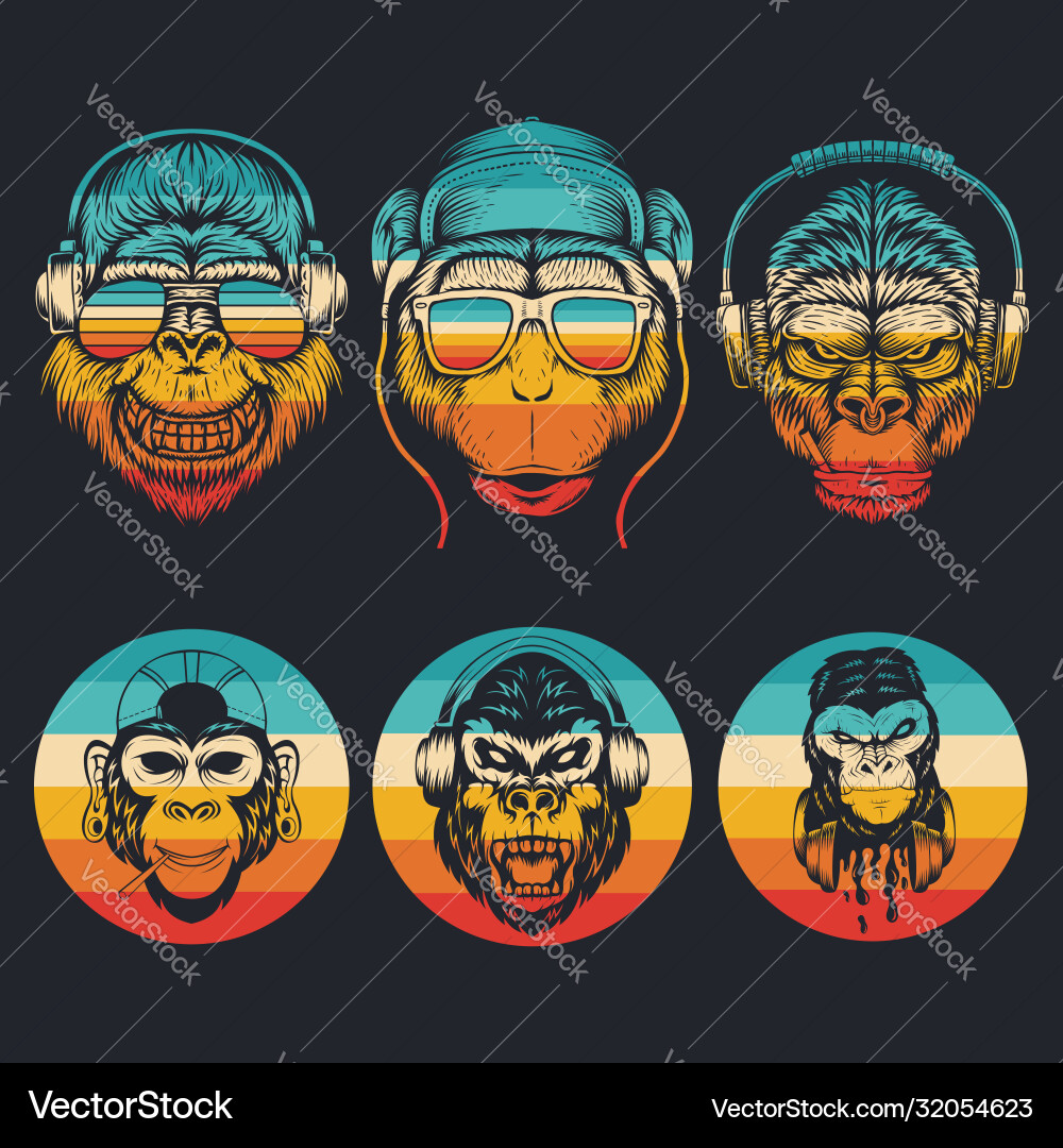 Monkey music collection retro Royalty Free Vector Image