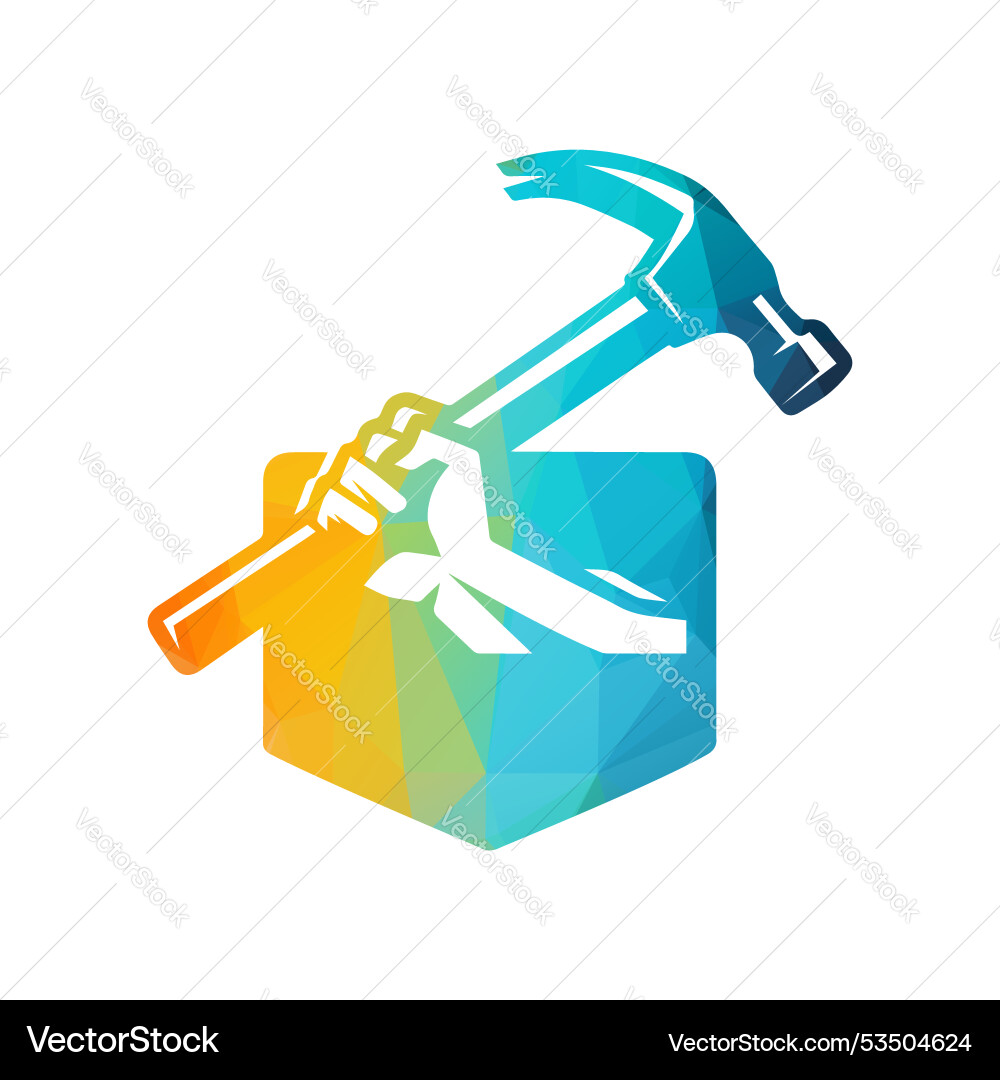Colorful geometric hand holding hammer icon design