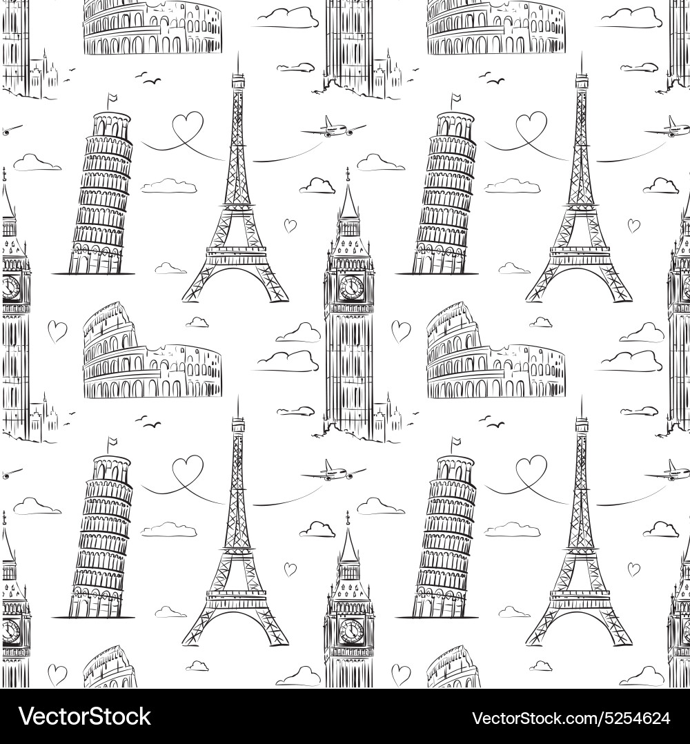Hand drawn seamless pattern with sights of europe Vector Image