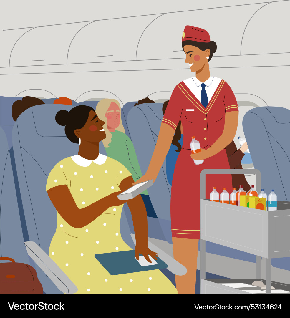 People inside plane steardess serve client Vector Image