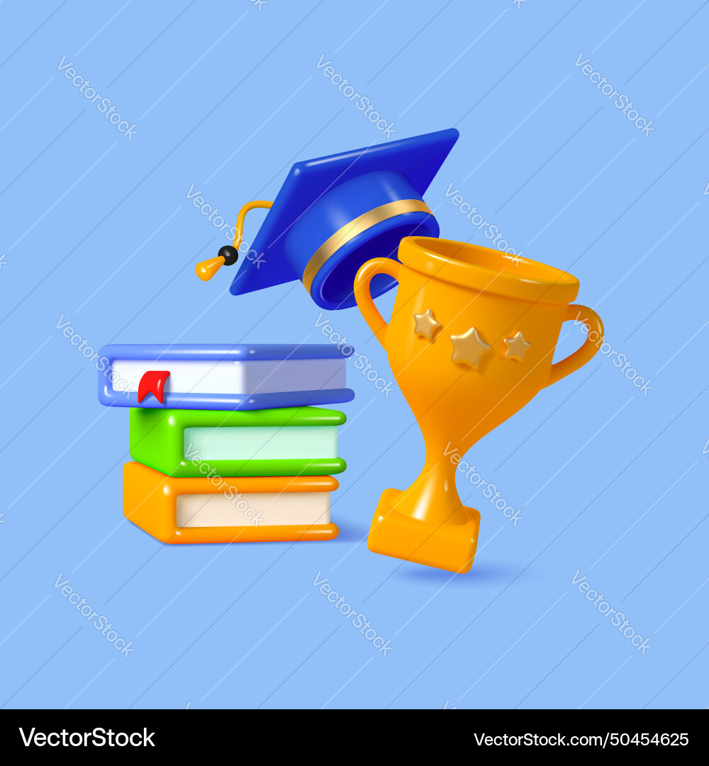 3d books with graduation cap and trophy Royalty Free Vector