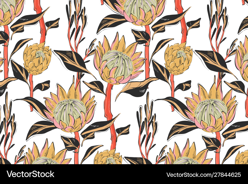 Dark protea with leaves seamless pattern design Vector Image