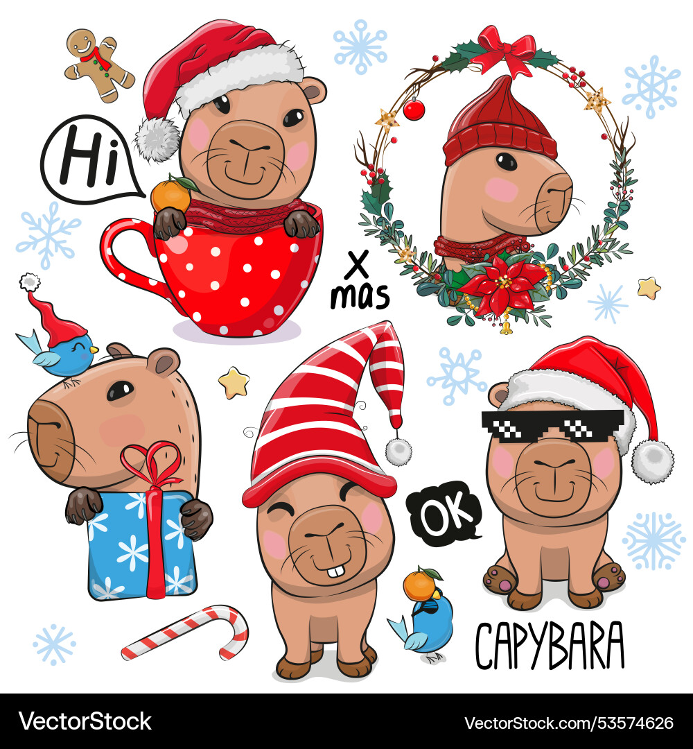 Christmas set of cute cartoon capybara Royalty Free Vector