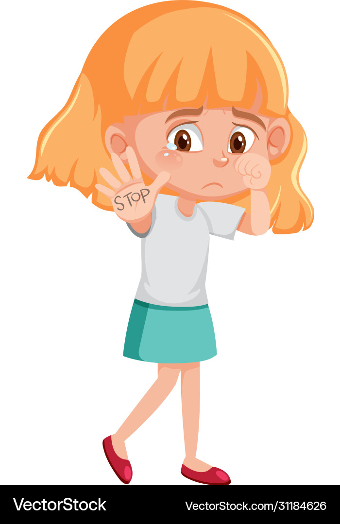 Crying girl with hand written word stop Royalty Free Vector