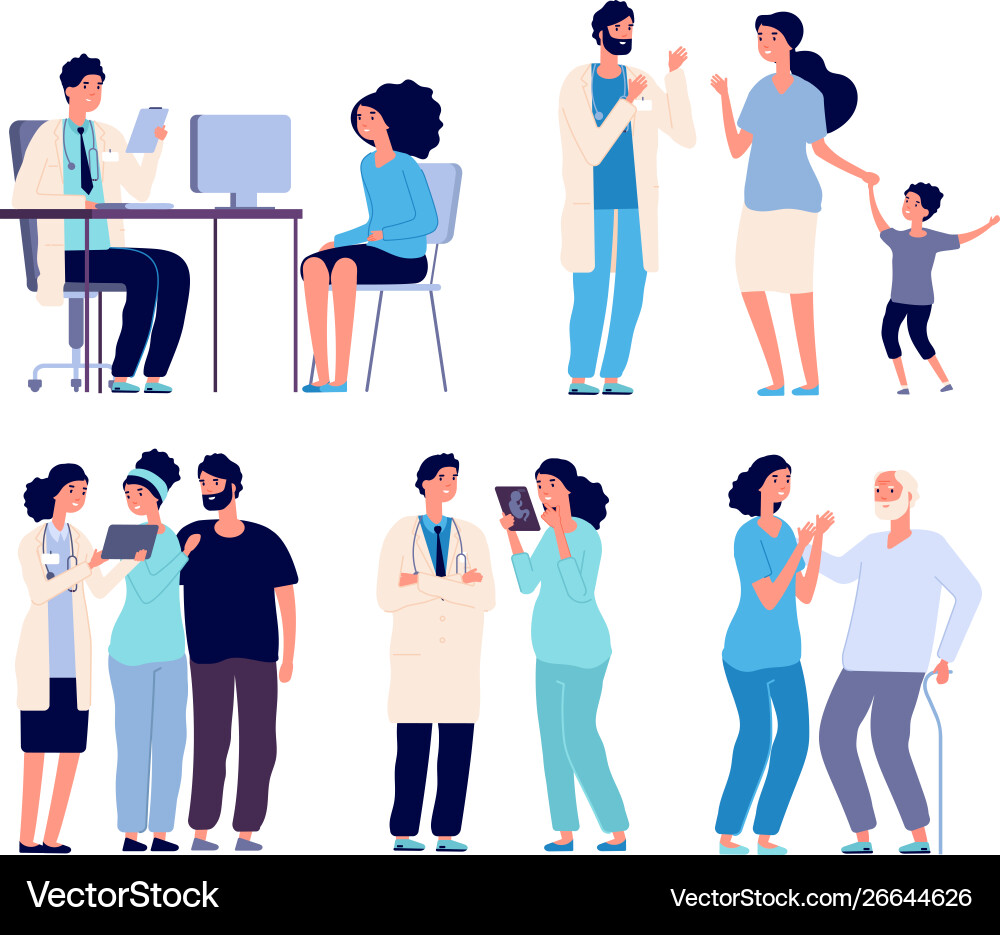 Doctors and Patients in a Clinic Setting Vector Image