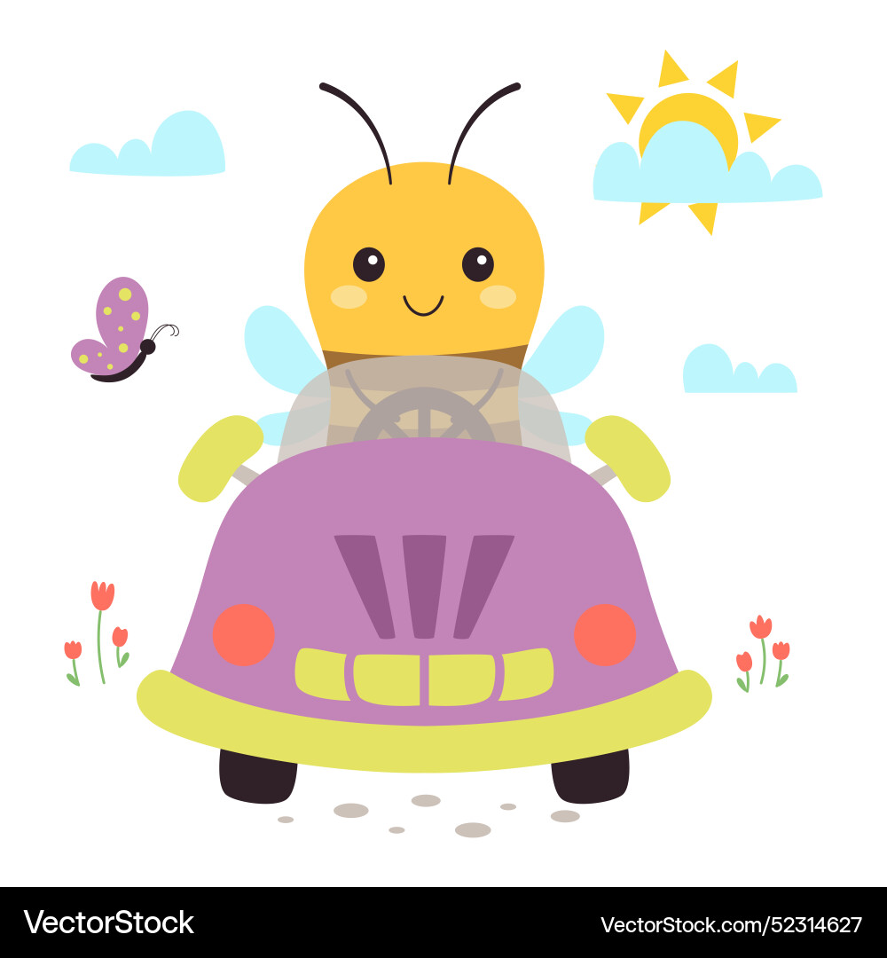 Cute bee driving car Royalty Free Vector Image