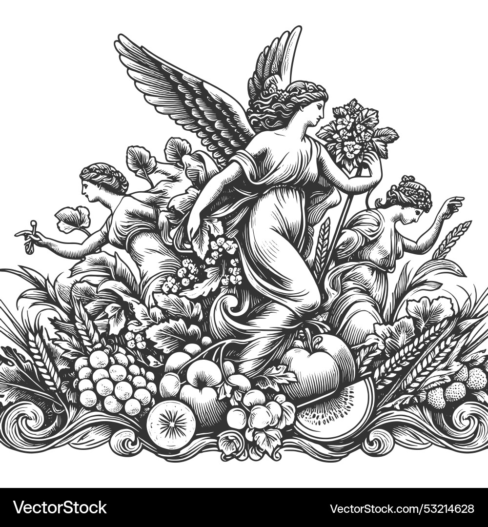 Angels with flowers and fruit engraving Royalty Free Vector