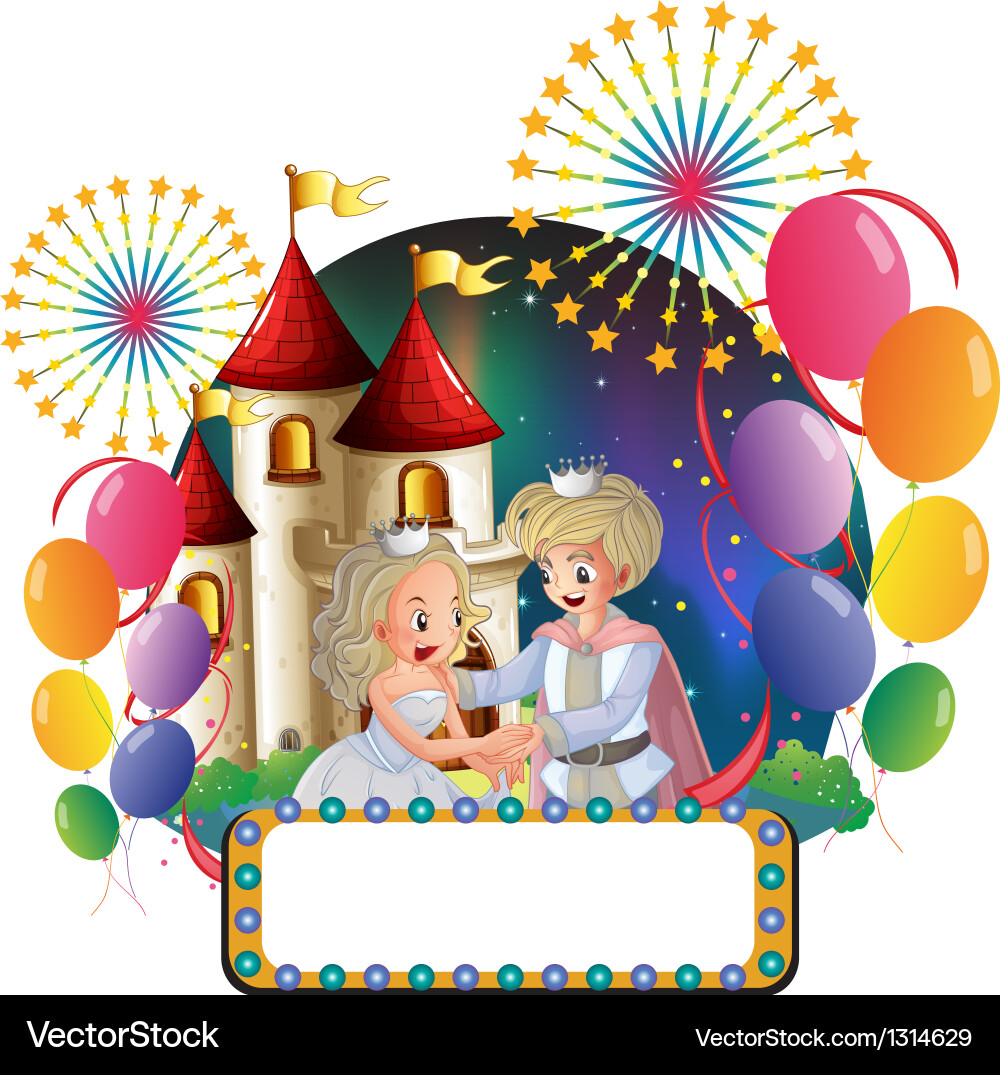 A prince and princess in front castle Royalty Free Vector