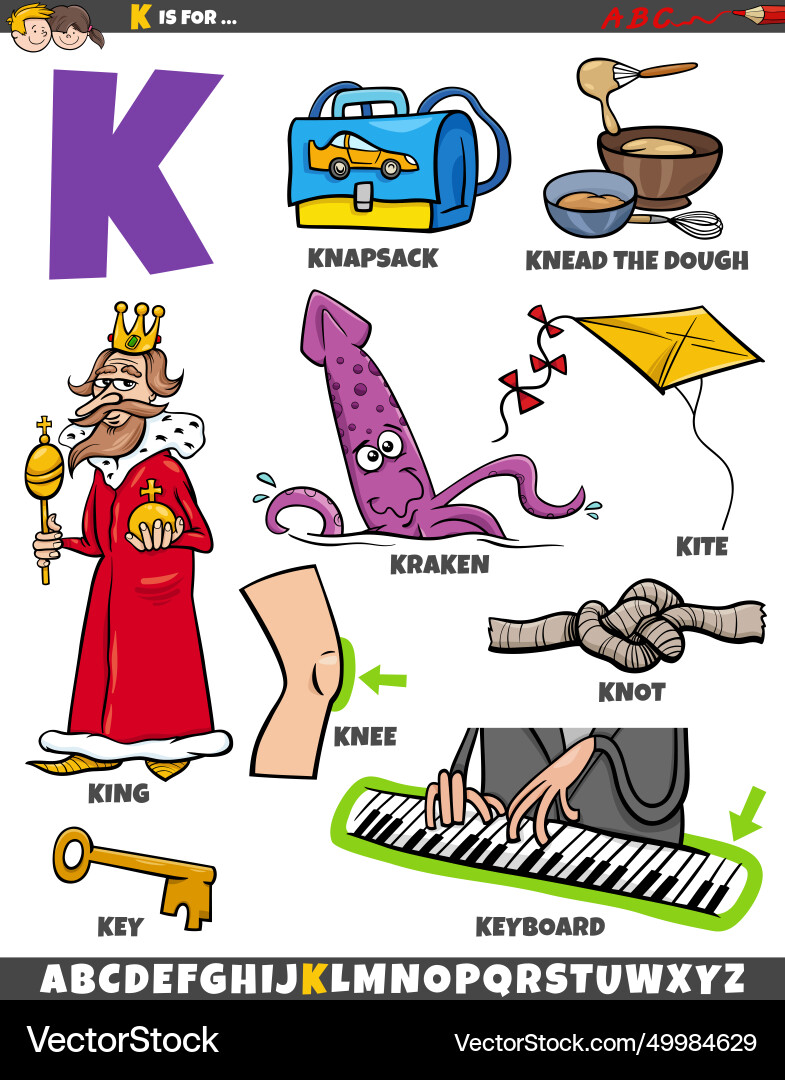Letter k set with cartoon objects and characters Vector Image