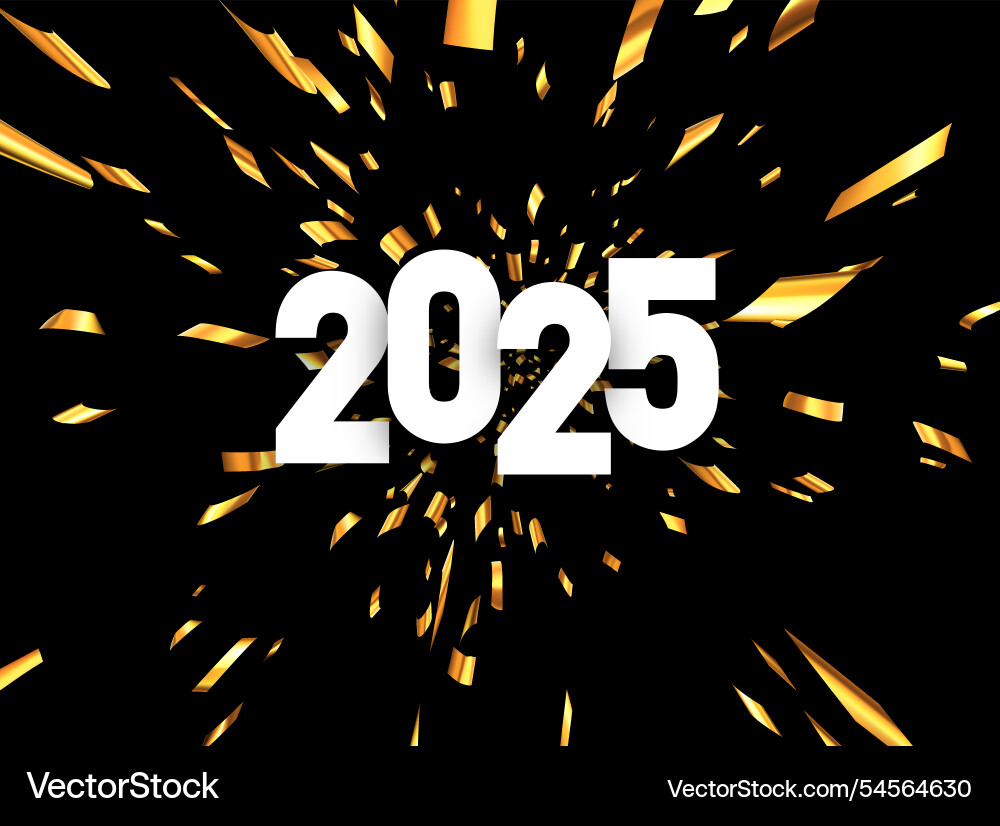 2025 golden confetti explosion on black background