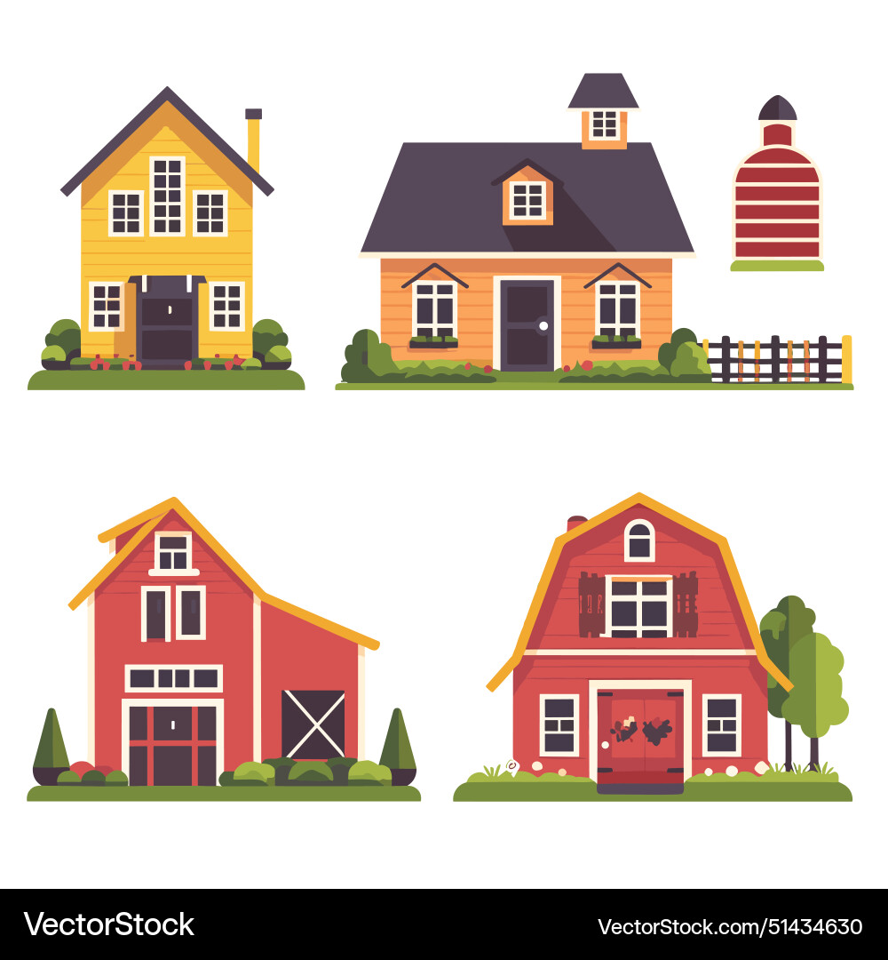 Collection various colorful houses barn front Vector Image