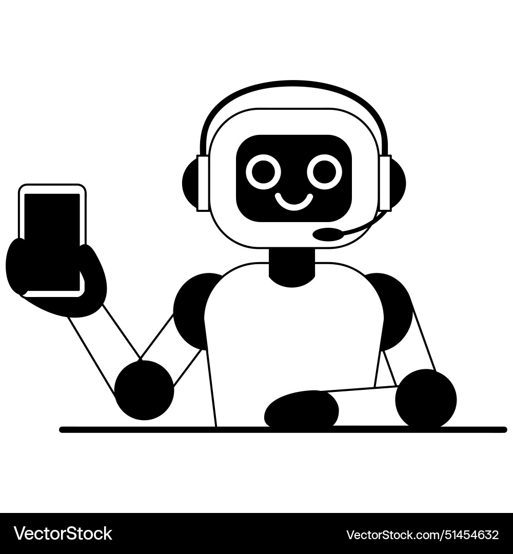 Cute robot in headphones showing mobile phone Vector Image