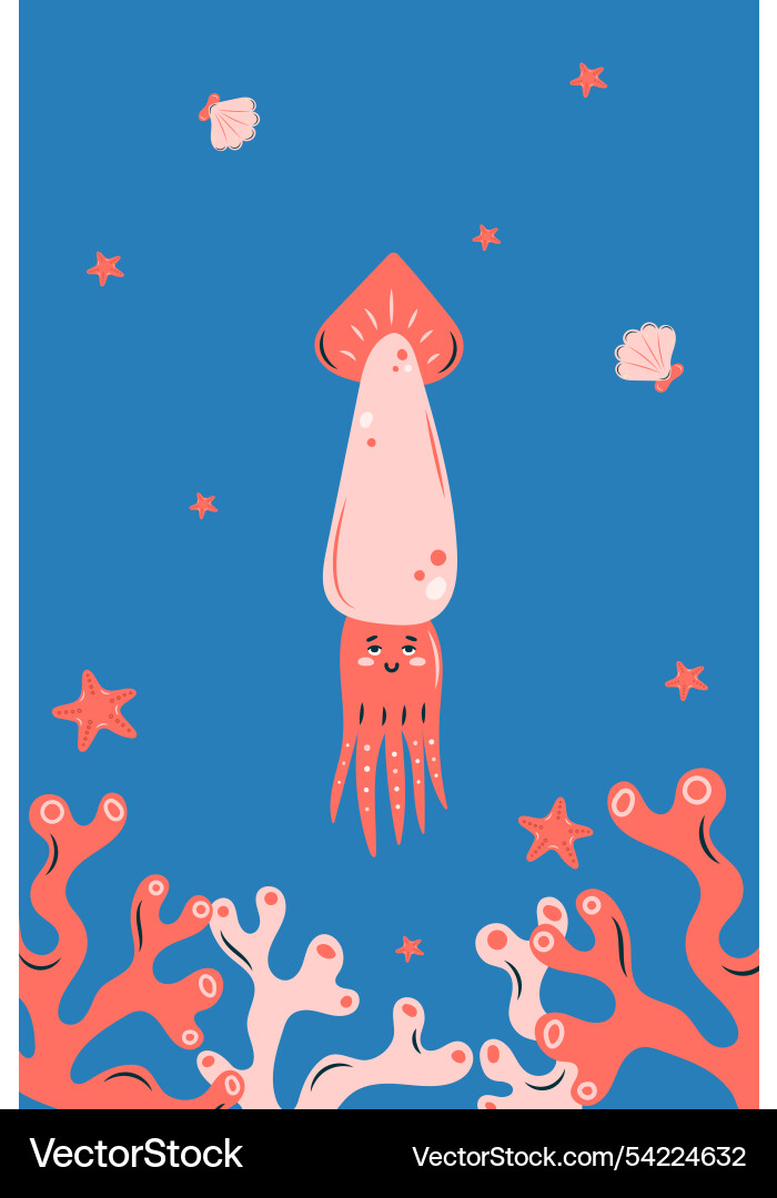 Vertical poster with squid on blue background Vector Image