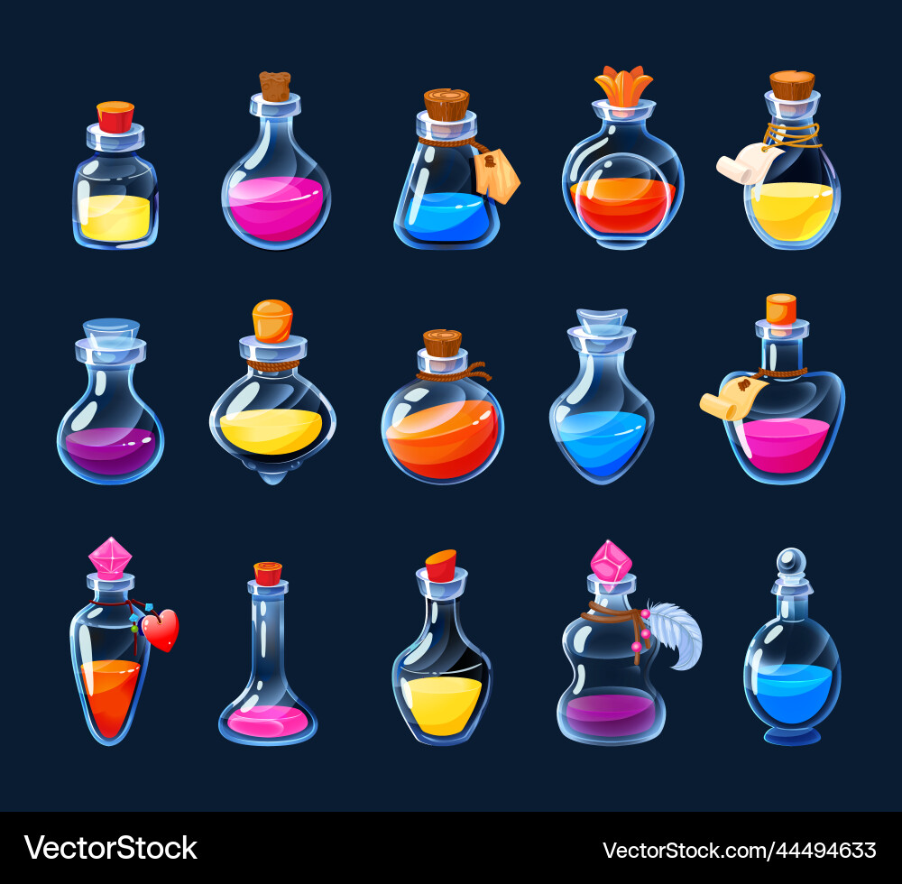 Cartoon alchemy bottles magic potion and love Vector Image