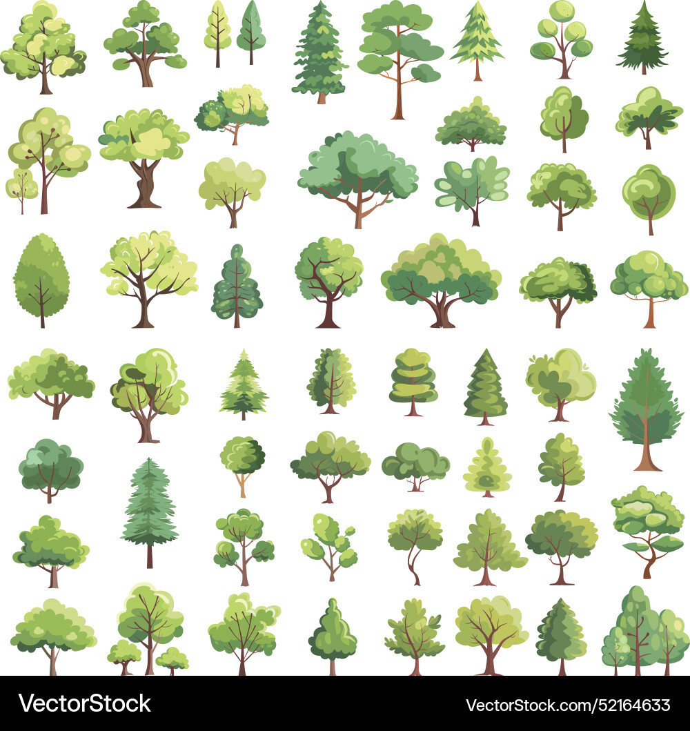 Cartoon trees set many tree vegetation botanical Vector Image