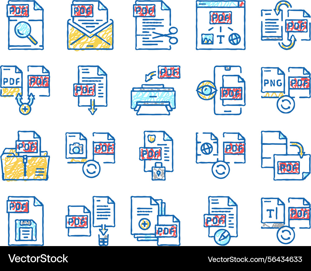 Pdf electronic file set icons hand drawn Vector Image