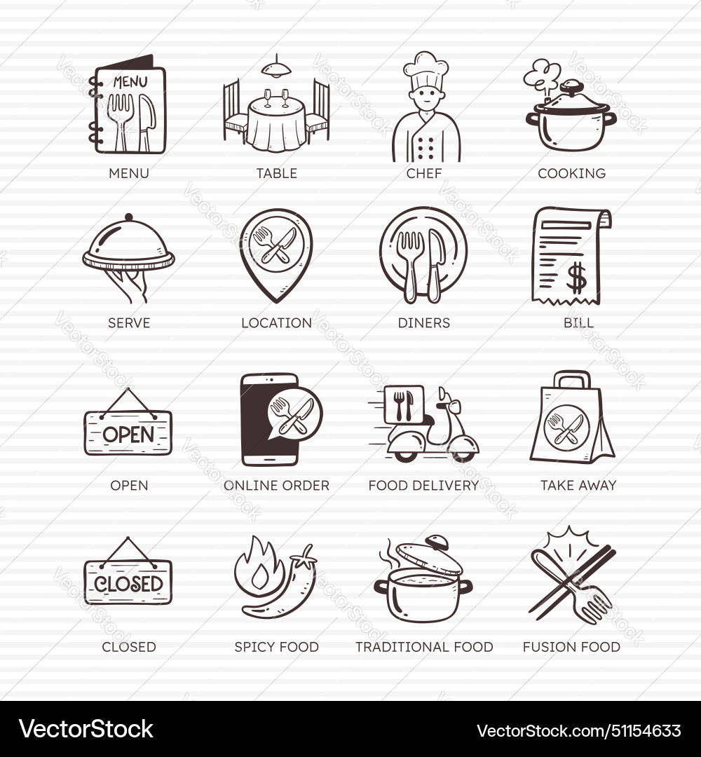 Restaurant doodle icons essentials set 1 of 4 Vector Image