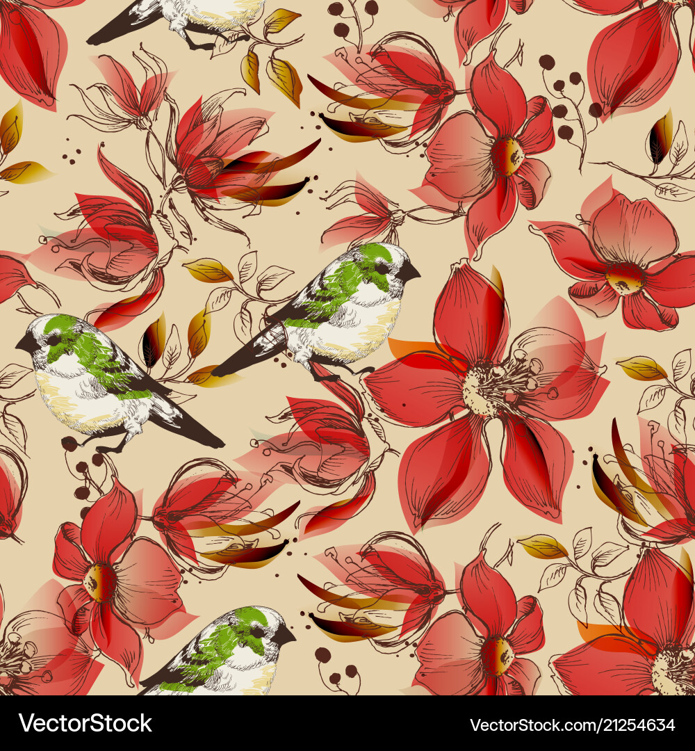 Red Floral Birds Seamless Pattern – Royalty-Free Vector | VectorStock