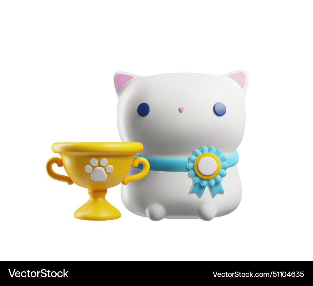 3d render cute white cat champion with golden pet Vector Image