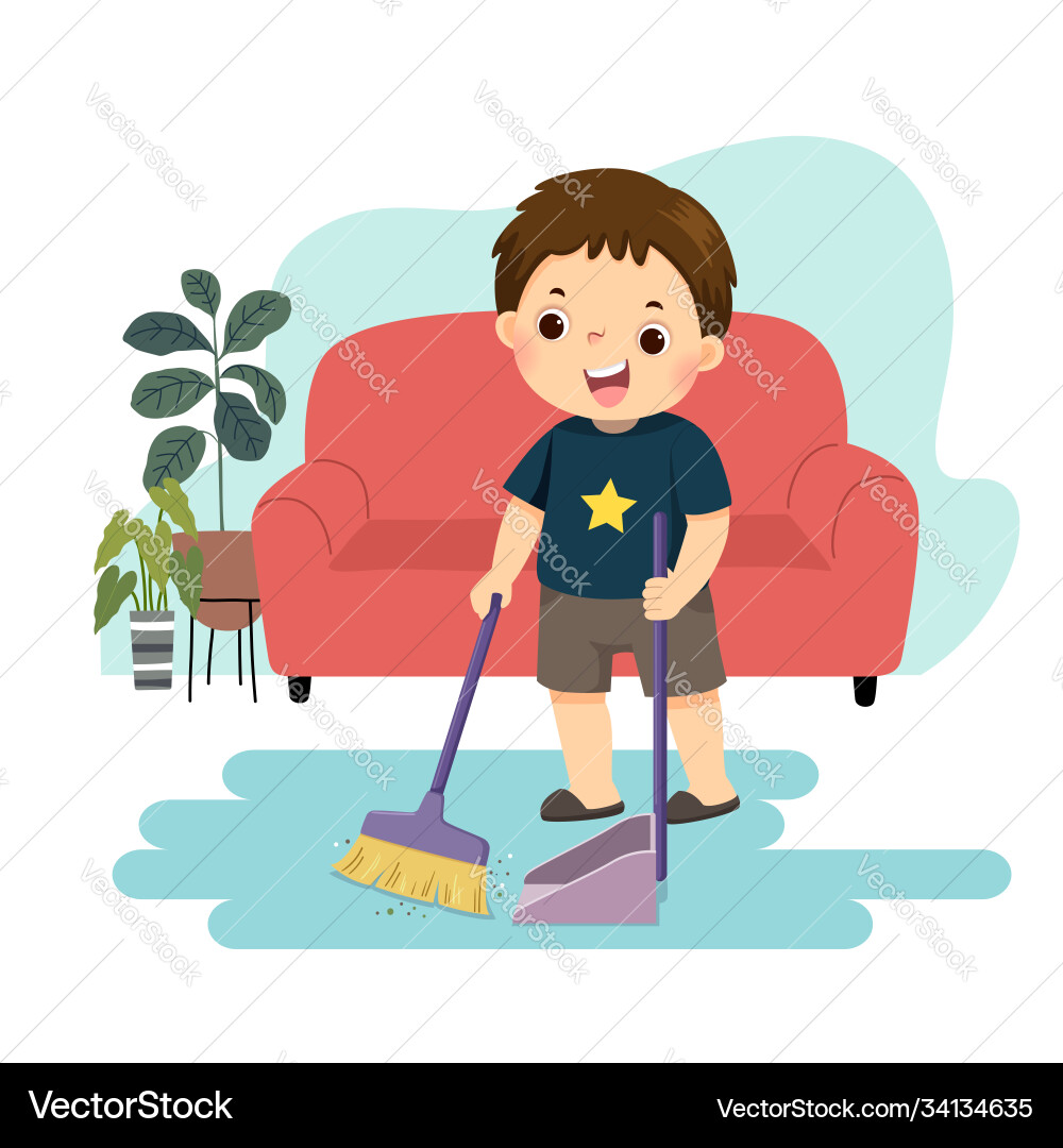 Cartoon a little boy sweeping Royalty Free Vector Image