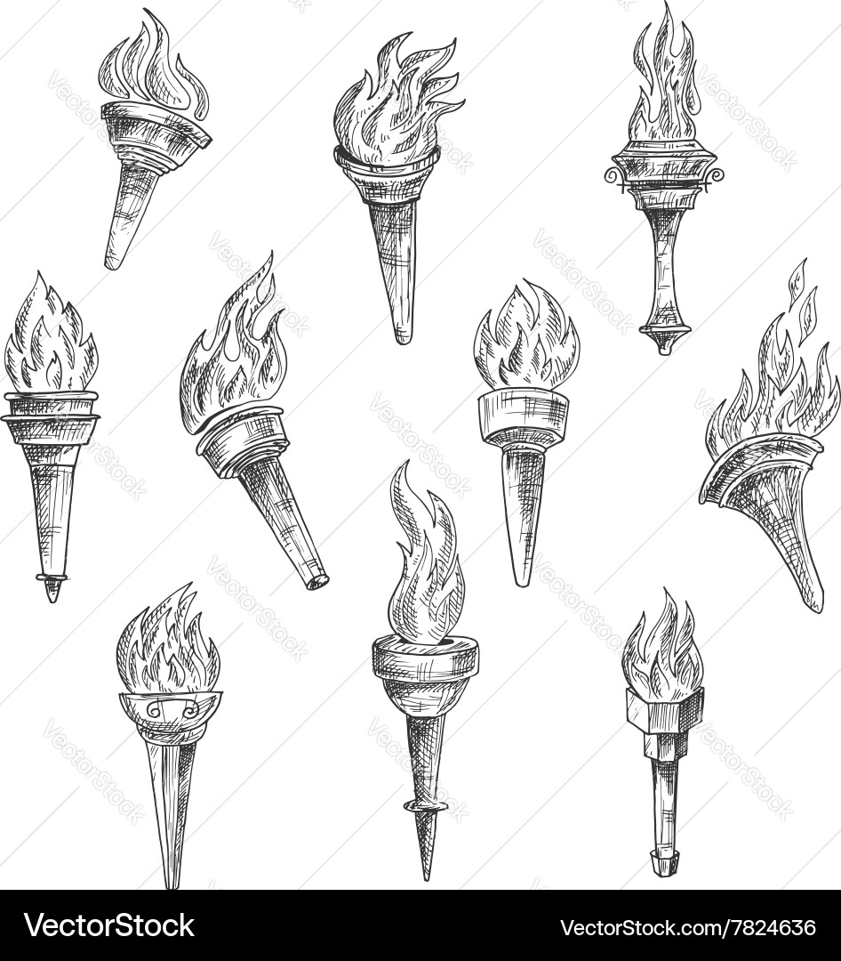 Burning torches in vintage sketch style Royalty Free Vector